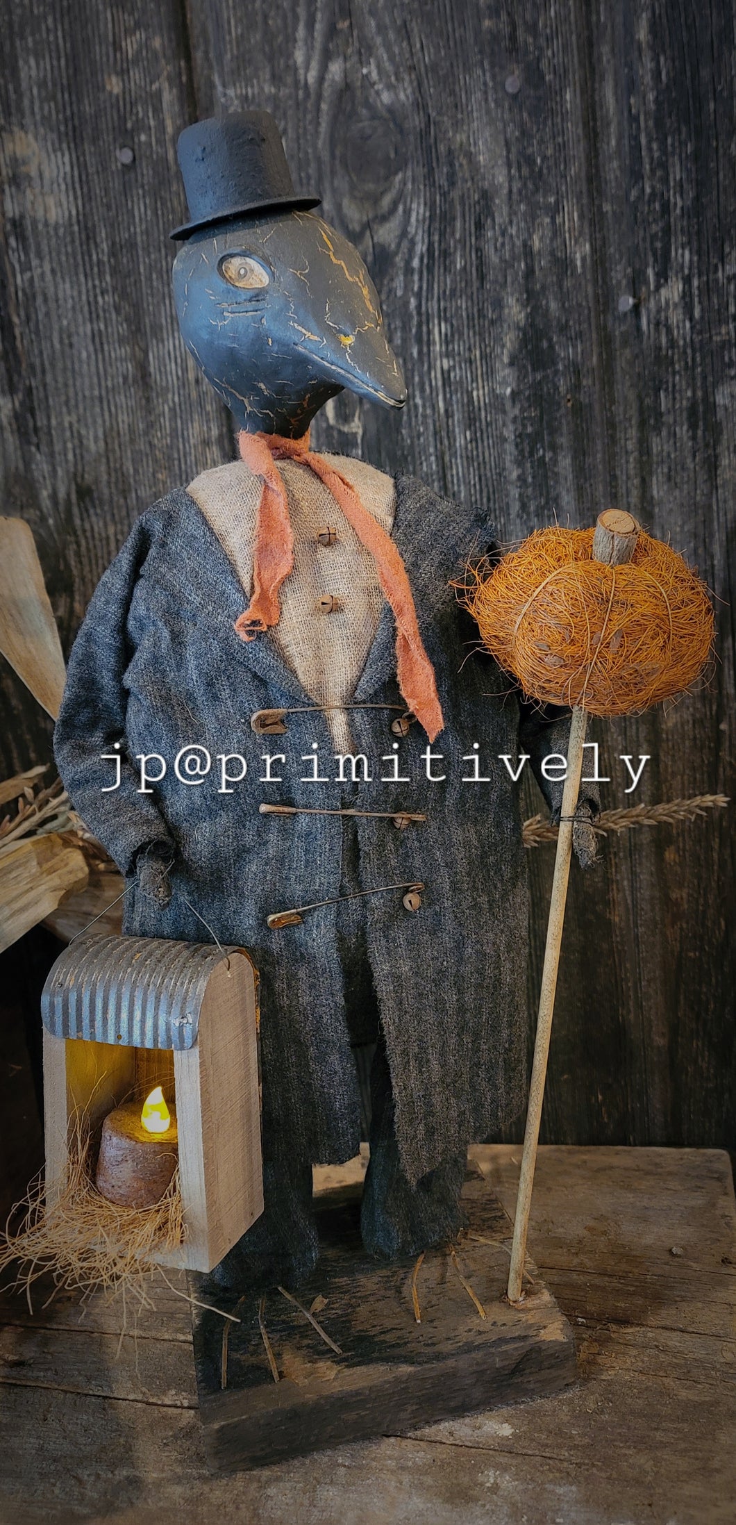 Crow clay head with t light and pumpkin – Primitively